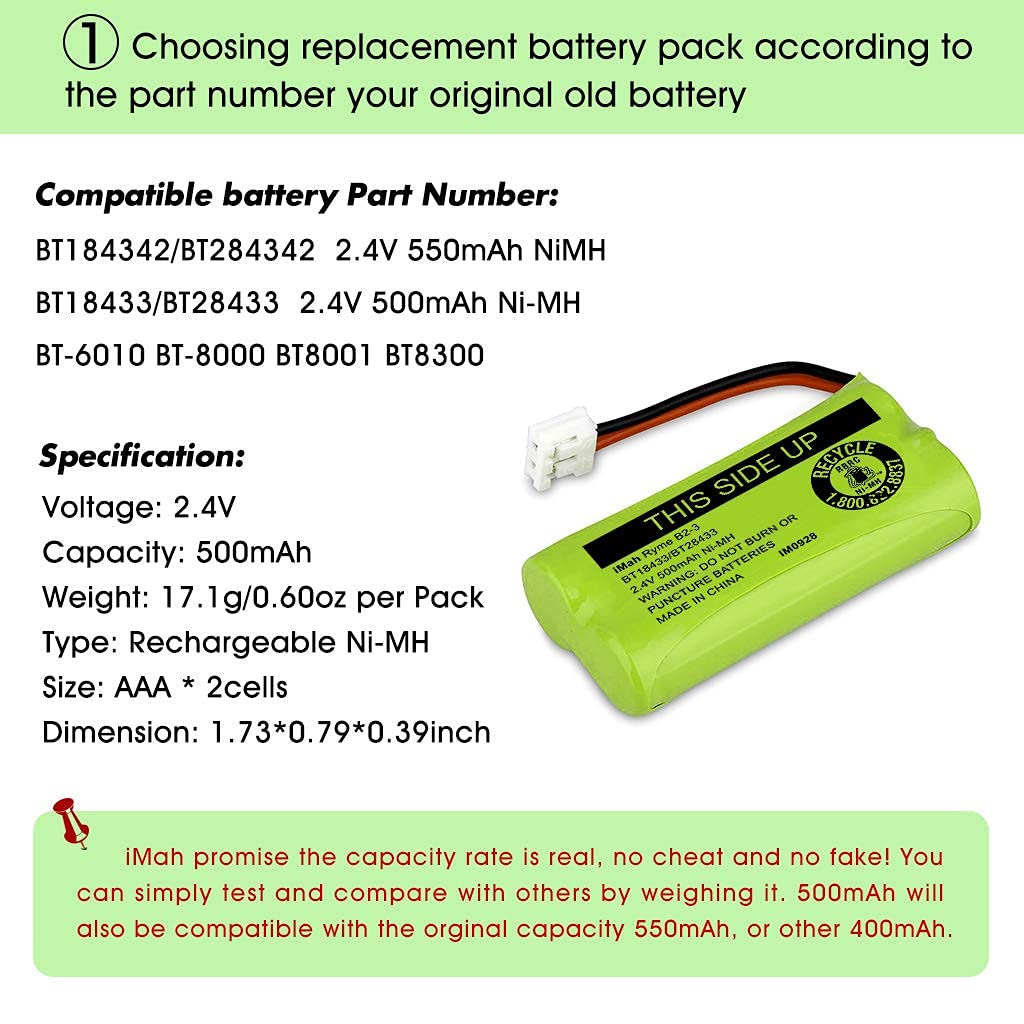 iMah BT18433/BT28433 2.4V 500mAh Ni-MH Cordless Phone Battery, Also Compatible with AT&T BT184342/BT284342 BT8300 BT1011 BT1018 BT1022 BT1031 2SN-AAA55H-S-J1 CS6120 CS6209 CL80109 EL52419, 2-Pack
