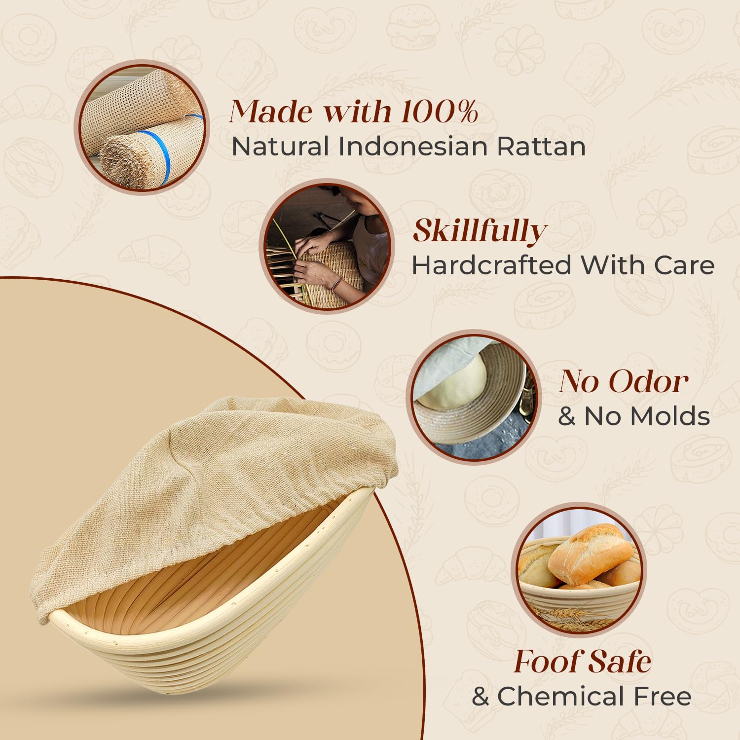 LITHOS Store 10 Inch Oval Natural Rattan Banneton Bread Proofing Basket Set with Bread Lame & Slashing Scraper - Natural Rattan Bread Proofing Basket, Ensures Crispy Crust & Fluffy Interior