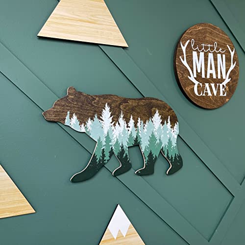 Forest Bear Wall Sign, Adventure Woodland Theme, Rustic Nursery Decor, Pine Tree Mountain Aesthetic, 18 x 10 inches, Man Cave Home Bedroom Cabin Office House Art Decorations, Hickory Hollow Designs… (Dark Walnut/Green Pine Trees)