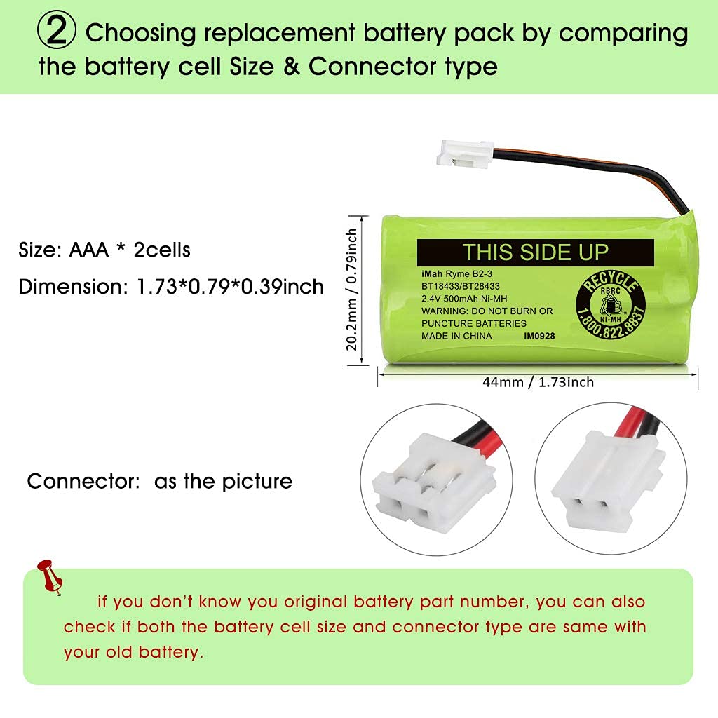 iMah BT18433/BT28433 2.4V 500mAh Ni-MH Cordless Phone Battery, Also Compatible with AT&T BT184342/BT284342 BT8300 BT1011 BT1018 BT1022 BT1031 2SN-AAA55H-S-J1 CS6120 CS6209 CL80109 EL52419, 2-Pack