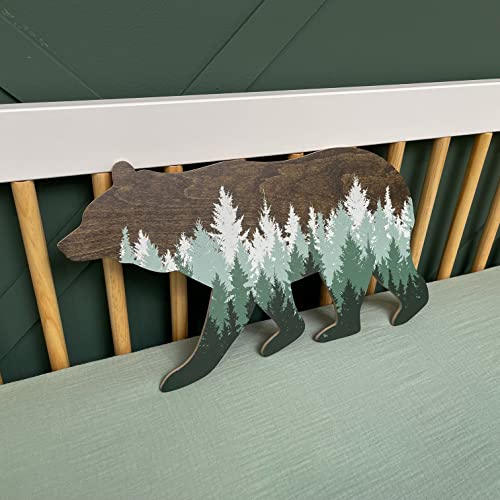 Forest Bear Wall Sign, Adventure Woodland Theme, Rustic Nursery Decor, Pine Tree Mountain Aesthetic, 18 x 10 inches, Man Cave Home Bedroom Cabin Office House Art Decorations, Hickory Hollow Designs… (Dark Walnut/Green Pine Trees)