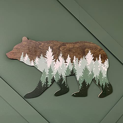 Forest Bear Wall Sign, Adventure Woodland Theme, Rustic Nursery Decor, Pine Tree Mountain Aesthetic, 18 x 10 inches, Man Cave Home Bedroom Cabin Office House Art Decorations, Hickory Hollow Designs… (Dark Walnut/Green Pine Trees)