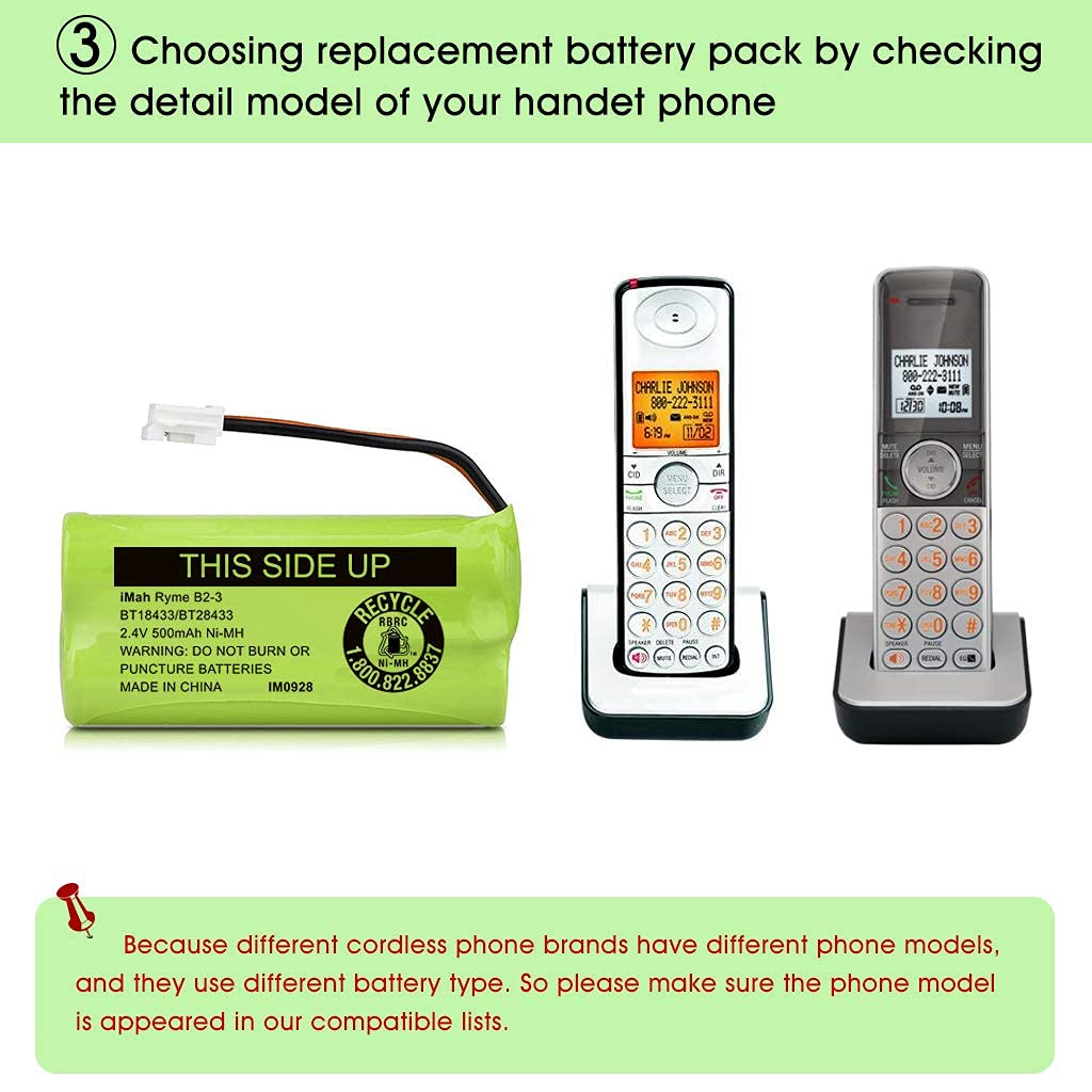 iMah BT18433/BT28433 2.4V 500mAh Ni-MH Cordless Phone Battery, Also Compatible with AT&T BT184342/BT284342 BT8300 BT1011 BT1018 BT1022 BT1031 2SN-AAA55H-S-J1 CS6120 CS6209 CL80109 EL52419, 2-Pack