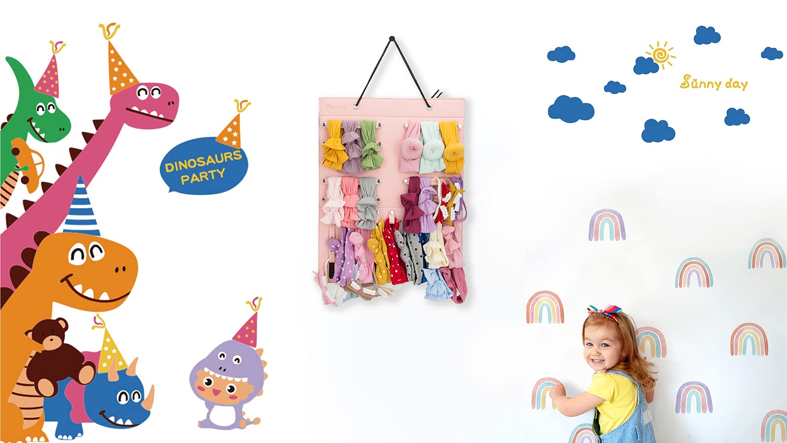 PACMAXI Hanging Baby Girl Headbands Storage Organizer, Newborn Headbands and Bows Holder(10 Snap Band+18 Snaps,Pink)
