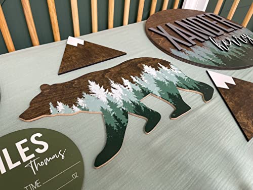 Forest Bear Wall Sign, Adventure Woodland Theme, Rustic Nursery Decor, Pine Tree Mountain Aesthetic, 18 x 10 inches, Man Cave Home Bedroom Cabin Office House Art Decorations, Hickory Hollow Designs… (Dark Walnut/Green Pine Trees)