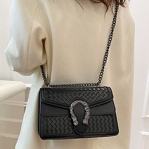 Movefad Women Crossbody Shoulder Bag Trendy Weave Leather Square Tote Metal Chain Satchel Wallet Handbag