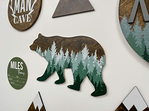 Forest Bear Wall Sign, Adventure Woodland Theme, Rustic Nursery Decor, Pine Tree Mountain Aesthetic, 18 x 10 inches, Man Cave Home Bedroom Cabin Office House Art Decorations, Hickory Hollow Designs… (Dark Walnut/Green Pine Trees)