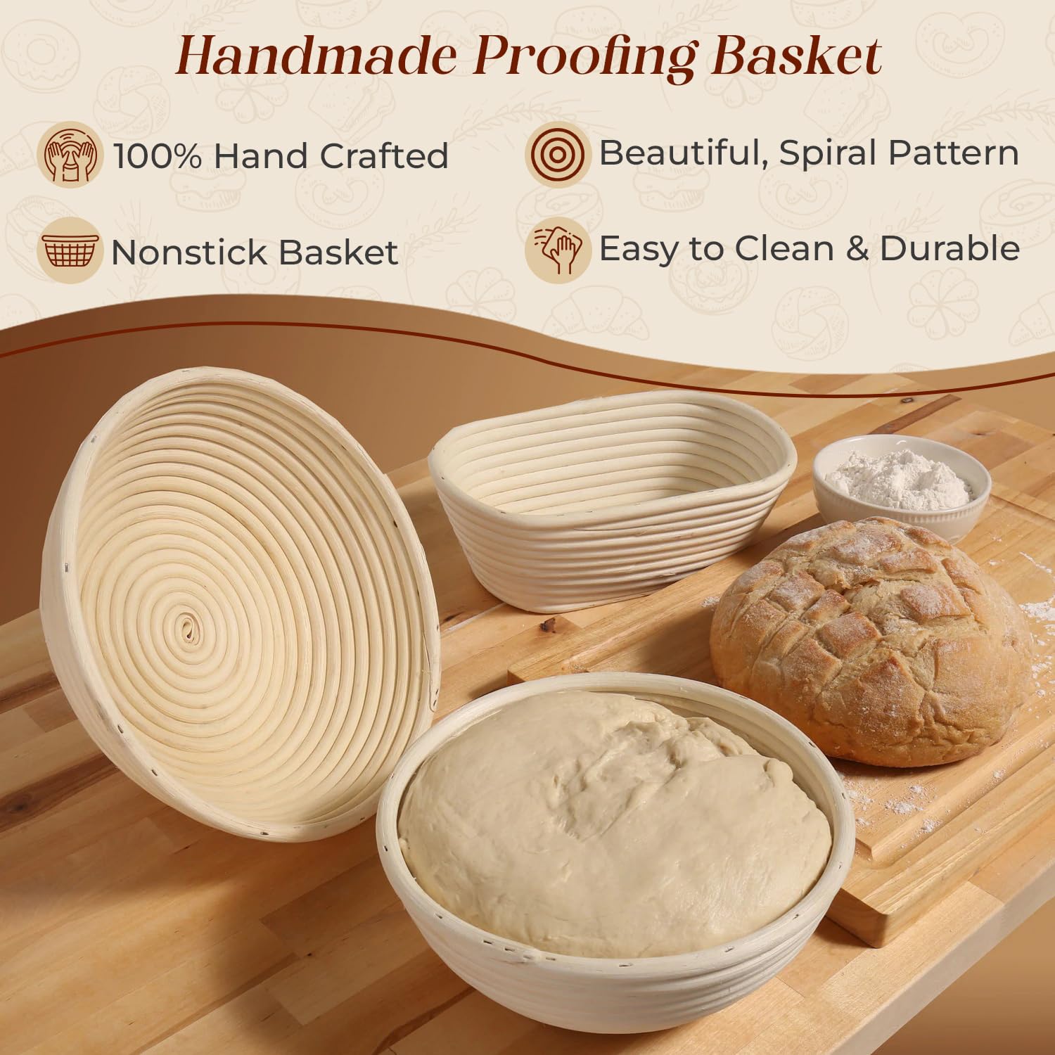 LITHOS Store 10 Inch Oval Natural Rattan Banneton Bread Proofing Basket Set with Bread Lame & Slashing Scraper - Natural Rattan Bread Proofing Basket, Ensures Crispy Crust & Fluffy Interior