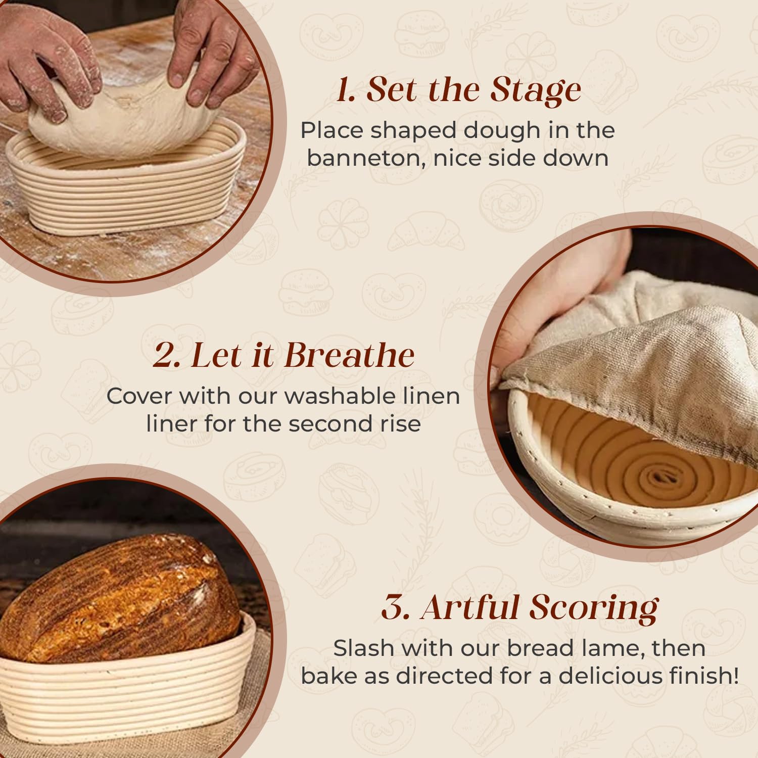LITHOS Store 10 Inch Oval Natural Rattan Banneton Bread Proofing Basket Set with Bread Lame & Slashing Scraper - Natural Rattan Bread Proofing Basket, Ensures Crispy Crust & Fluffy Interior