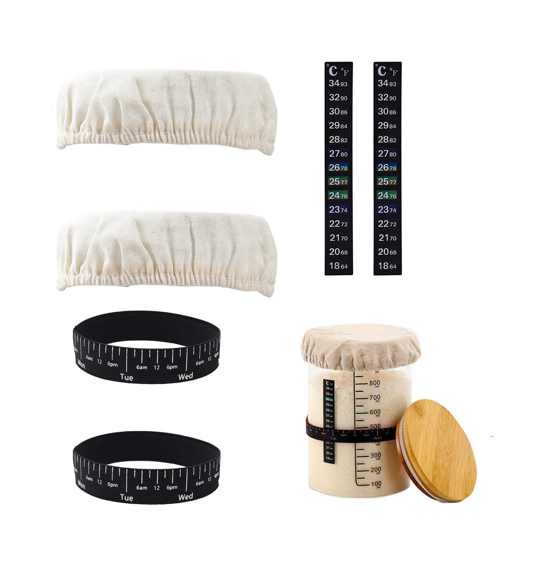 Replacement Set for Sourdough Starter Jar Kits with Cloth Cover, Temperature Gauge, and Date Bands - Upgrade Your Fermenting Experience