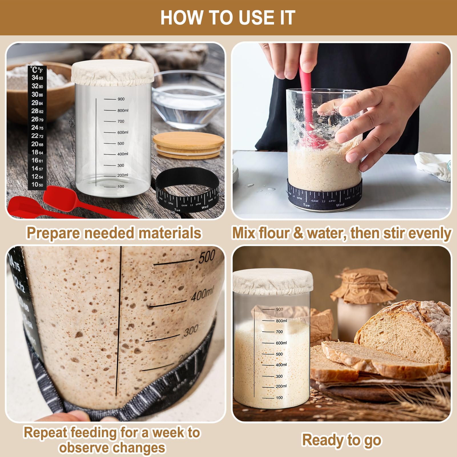 Sourdough Starter Jar Kit with 35 Oz/1000 ml Sourdough Bread Baking Supplies with Thermometer, Feeding Date Band, Silicone Scraper, Silicone Spoon Cloth Cover & Wood Lid, Wide Mouth Dough Starter Jar