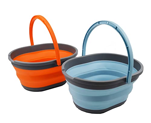SAMMART 11L (2.9 Gallon) Collapsible Basket with Handle - Portable Outdoor Picnic Basket/Crater - Foldable Shopping Bag - Space Saving Storage Container (Sea Angel + Orange)