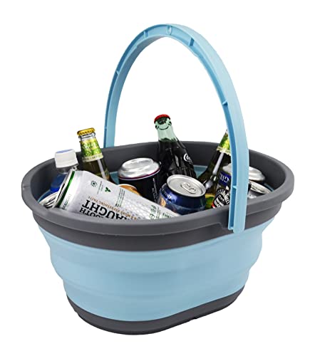SAMMART 11L (2.9 Gallon) Collapsible Basket with Handle - Portable Outdoor Picnic Basket/Crater - Foldable Shopping Bag - Space Saving Storage Container (Sea Angel + Orange)
