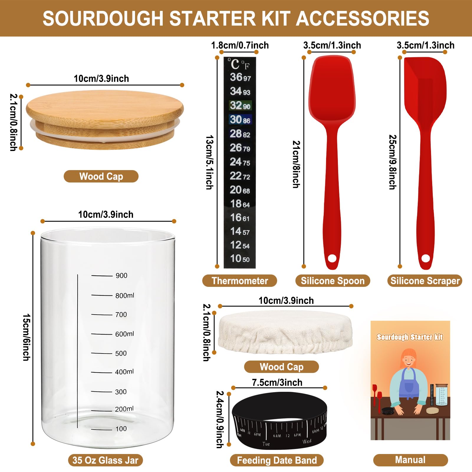 Sourdough Starter Jar Kit with 35 Oz/1000 ml Sourdough Bread Baking Supplies with Thermometer, Feeding Date Band, Silicone Scraper, Silicone Spoon Cloth Cover & Wood Lid, Wide Mouth Dough Starter Jar