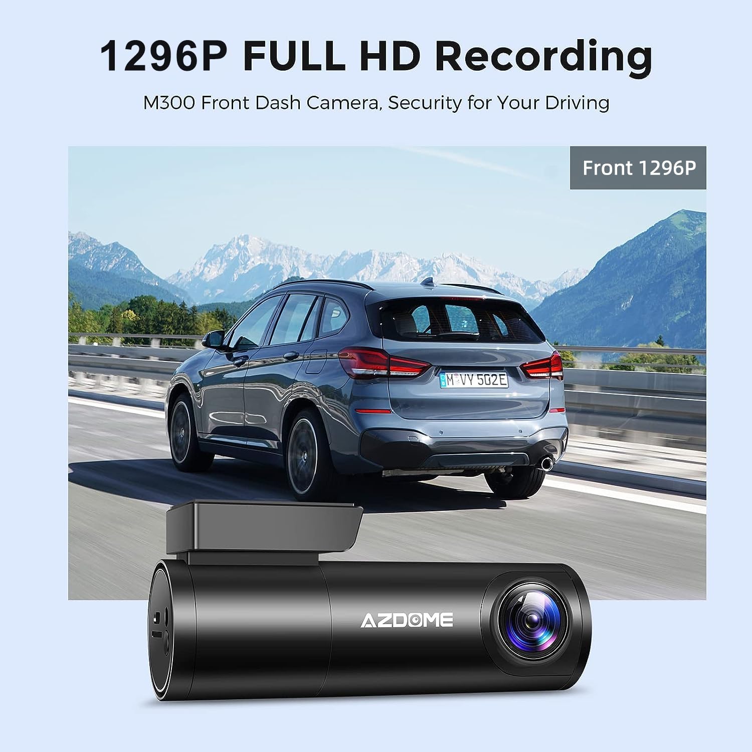 AZDOME M300 Dash Cam, Dashcam Front 1296P Camera with WiFi, Voice Control, 24H Parking Mode G-Sensor Loop Recording Super Night Vision, Easy to Install, Max Support to 128GB