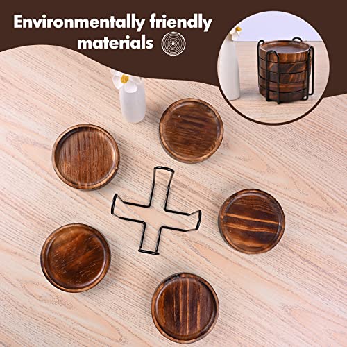 Coasters for Drinks, Set of 5 Natural Pine Wood Style Drink Coaster with Holder for Coffee Wooden Table, Mandala Coasters with Non-Slip Mat, Tabletop Protection, Suitable for Kinds of Cups