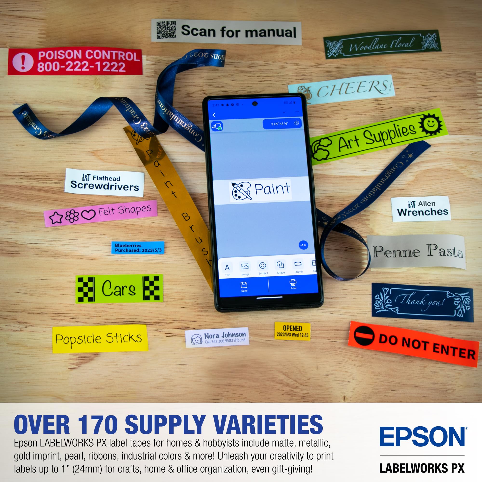 LABELWORKS Epson LW-C610PX Premium Portable Wireless Label Maker Machine for Home and Hobbies – Create Sticker Labels for Crafts and Organization, Designer Tape, App Compatible