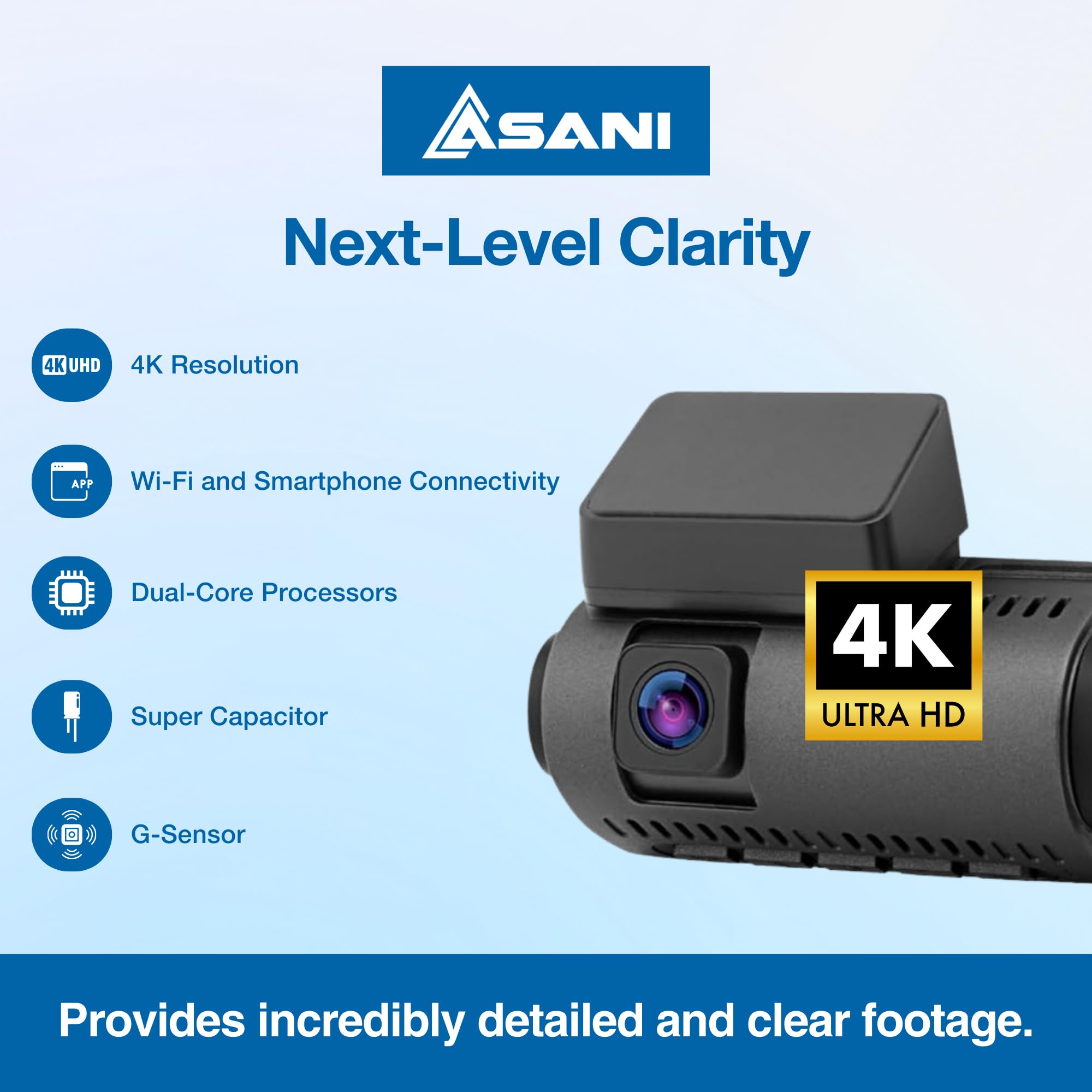Asani 3-Channel Car Dash Cam - 4K Front, Rear, and Cabin Recording, LCD Screen, Includes 32GB SD Card, WiFi, GPS, G-Sensor, 6 IR LEDs for Night Vision, Ideal for Comprehensive Road Security