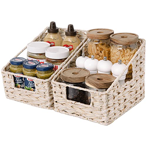 GRANNY SAYS Wicker Basket with Handles, Trapezoid Decorative Woven Baskets, Waterproof Wicker Storage Baskets for Shelves, Wicker Baskets for Organizing, Butter Milk, 2-Pack