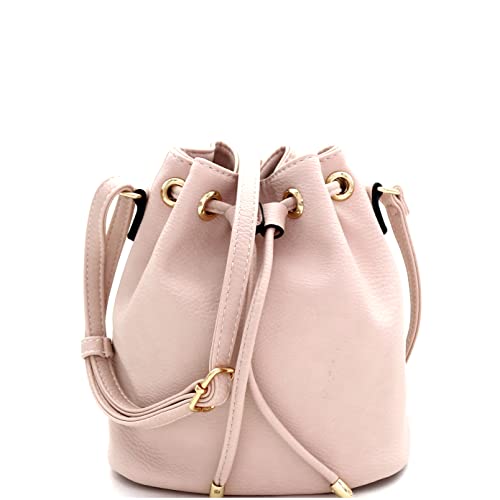 Trendeology Casual Soft PU Leather Drawstring Small 2 Way Bucket Shoulder Bag Crossbody (Nude)