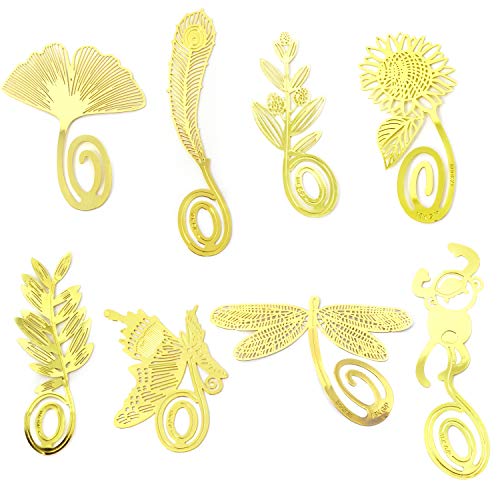 yueton Pack of 8 Cute Cartoon Art Feather Butterfly Dragonfly Gingkgo Monkey Pred Perry Sunflower Olive Branch Metal Gold Bookmarks Book Mark Reading New Novelty + Free Gift