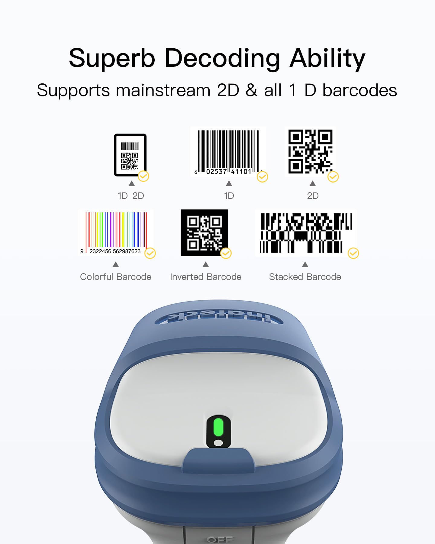 Inateck Bluetooth Barcode Scanner, 2D Wireless Barcode Scanner, Bluetooth 5.0 and 2.4Ghz Adapter, 3 in 1 Reader, Support GS1 Barcode, BCST-73 Blue White