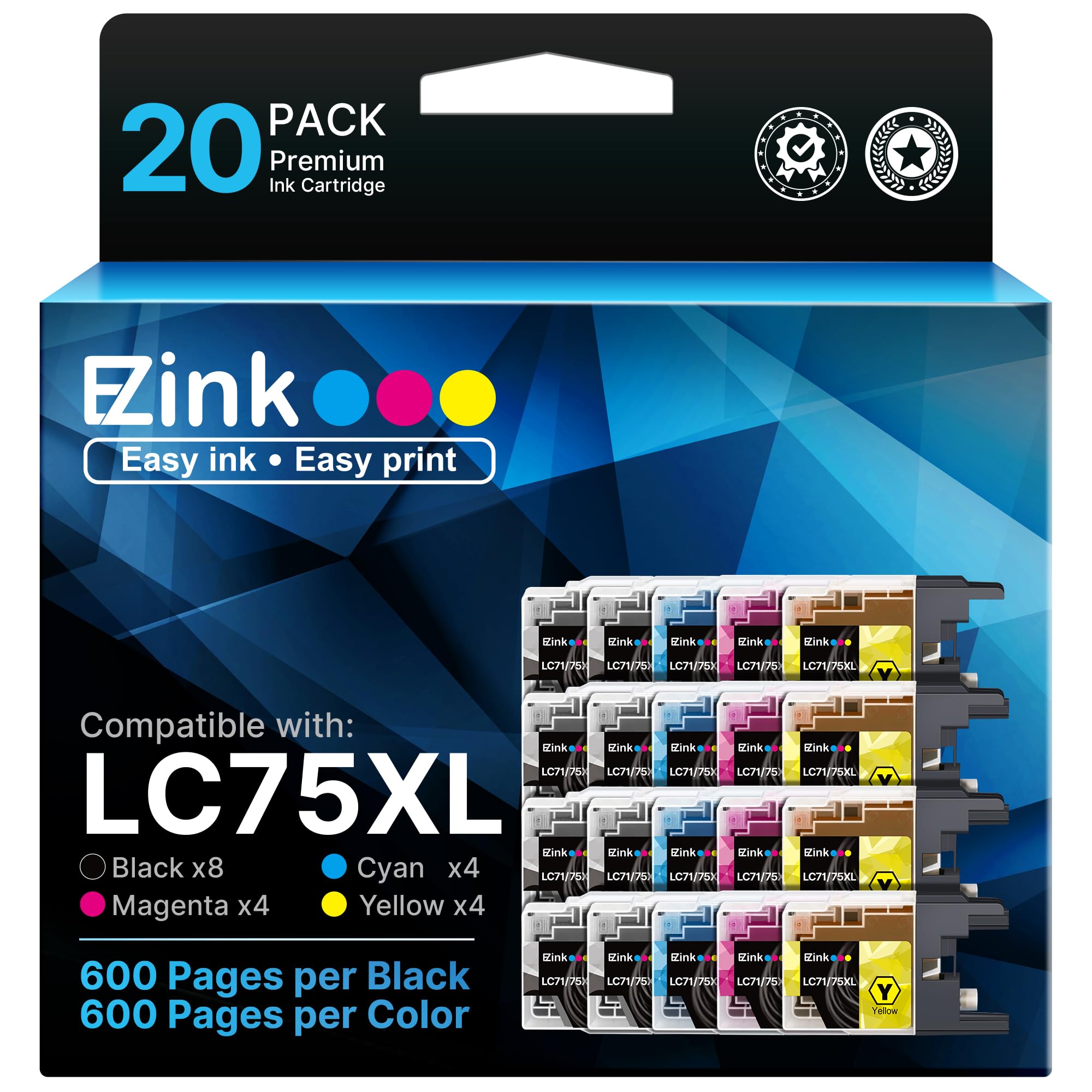 E-Z Ink (TM) LC71/75XL Compatible Ink Cartridge Replacement for Brother LC75 LC79 XL to Use with MFC-J430W MFC-J6510DW MFC-J6710DW MFC-J6910DW (8 Black, 4 Cyan, 4 Magenta, 4 Yellow) 20 Pack