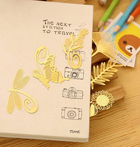 yueton Pack of 8 Cute Cartoon Art Feather Butterfly Dragonfly Gingkgo Monkey Pred Perry Sunflower Olive Branch Metal Gold Bookmarks Book Mark Reading New Novelty + Free Gift