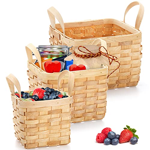 Okllen Set of 3 Small Woodchip Basket with Handles, Wooden Woven Baskets Handmade Wicker Baskets, Empty Storage Basket Container for Organizing Pantry, Closet, Toy, Wedding Stuff, Square, 3 Sizes