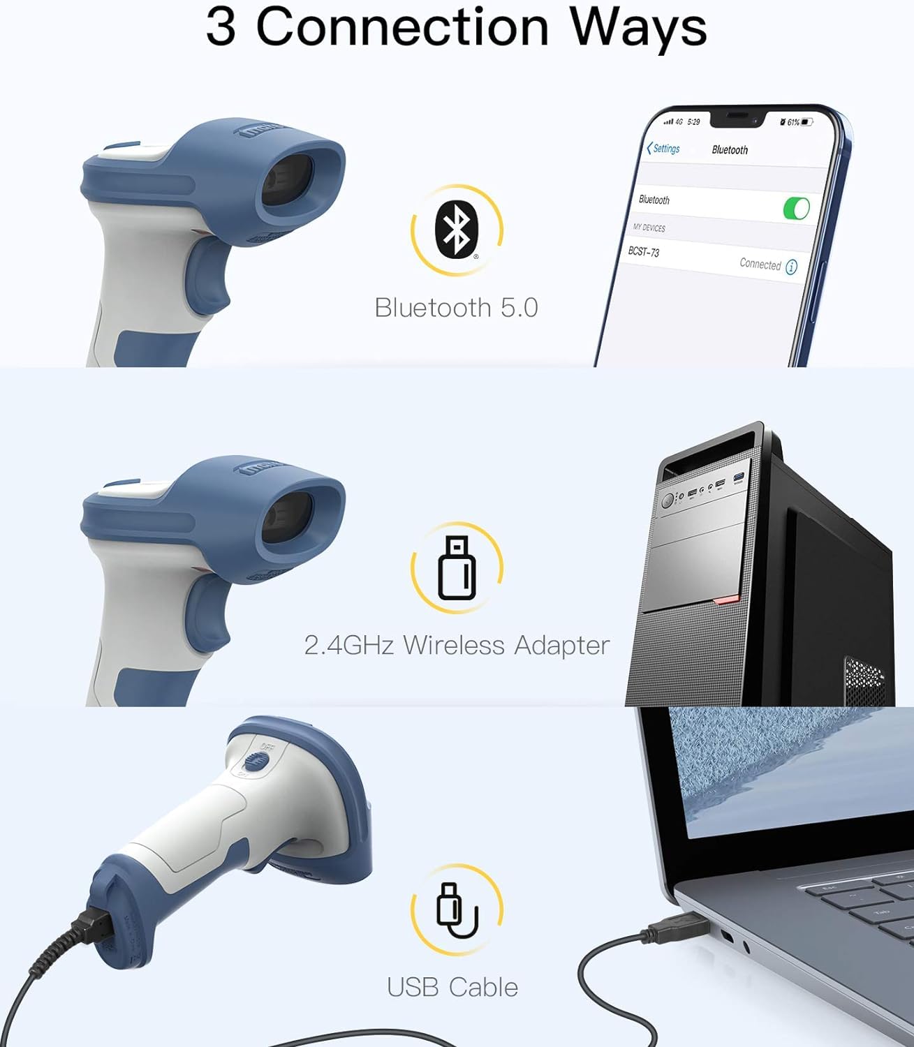 Inateck Bluetooth Barcode Scanner, 2D Wireless Barcode Scanner, Bluetooth 5.0 and 2.4Ghz Adapter, 3 in 1 Reader, Support GS1 Barcode, BCST-73 Blue White