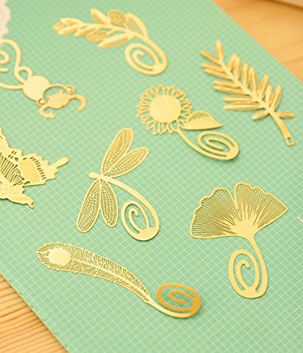 yueton Pack of 8 Cute Cartoon Art Feather Butterfly Dragonfly Gingkgo Monkey Pred Perry Sunflower Olive Branch Metal Gold Bookmarks Book Mark Reading New Novelty + Free Gift