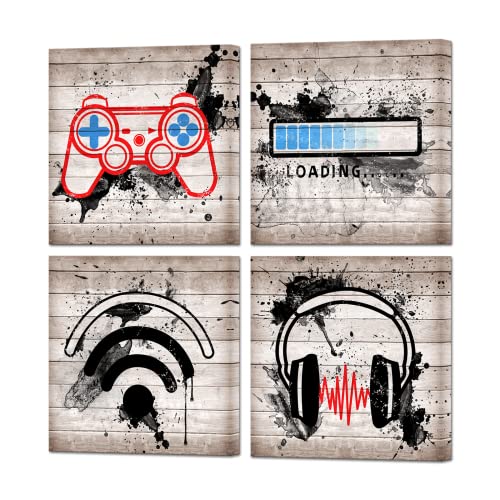 YeiLnm Video Game Wall Art Decor 4 Piece Canvas Print Game Room Decor Gaming Picture Painting Teens Gift Vintage Artwork Home Boys Bedroom Dorm College Playrooom Decoration Framed Ready to Hang
