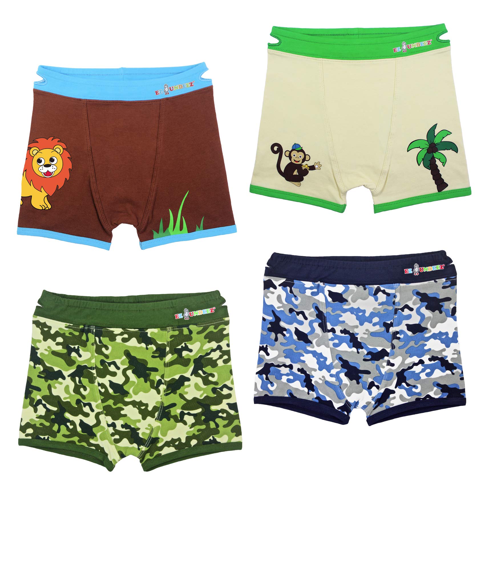 Ez Undeez Boys Boxer Briefs Toddler Training Underwear Easy Pull Up Handles (4 Pack) (2-3 years, Camo-Monkey-Lion)