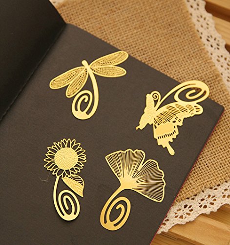 yueton Pack of 8 Cute Cartoon Art Feather Butterfly Dragonfly Gingkgo Monkey Pred Perry Sunflower Olive Branch Metal Gold Bookmarks Book Mark Reading New Novelty + Free Gift