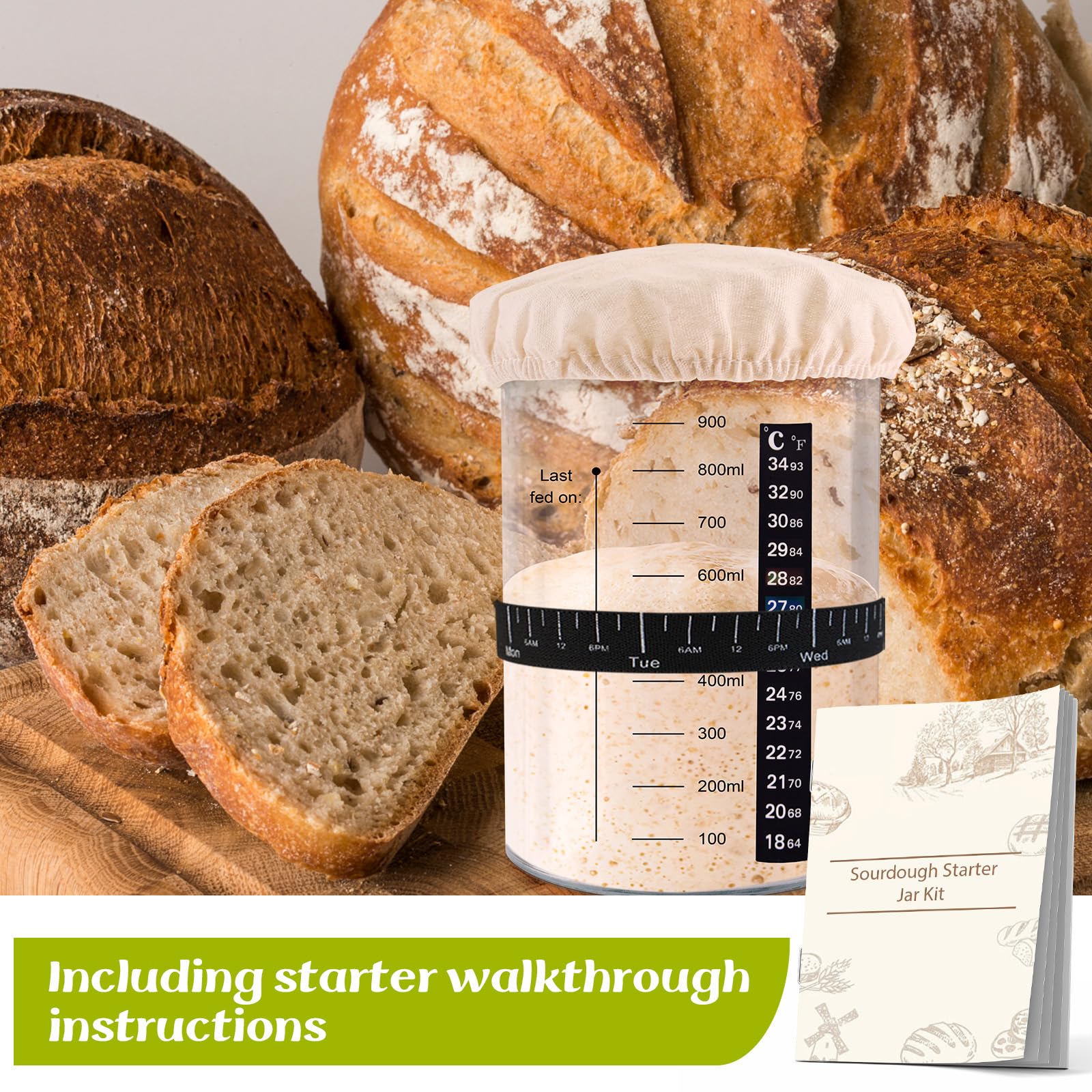 WAVEWISE Sourdough Starter Jar Kit 1000ml - Large Glass Jar for Sourdough - Sourdough Starter Crock - Reusable Sour Dough Starter Jar With Thermometer, Silicone Scraper, Cloth Cover and Lid
