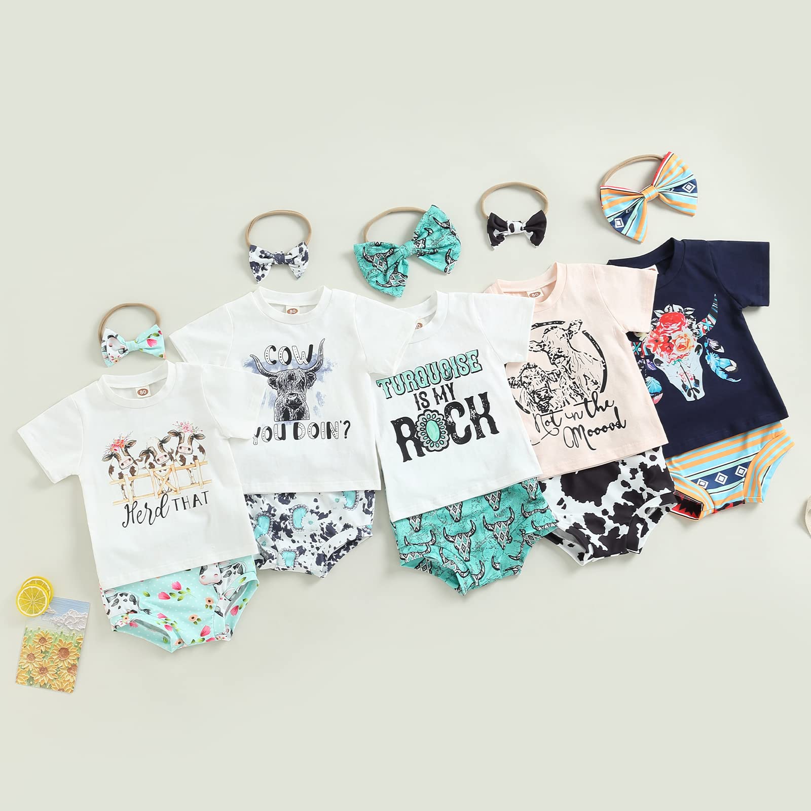 Western Baby Girl Clothes Cow Letter Print Short Sleeve Tshirt and Shorts Headband Set Boho Summer Clothes (Navy Blue,0-3 Months)