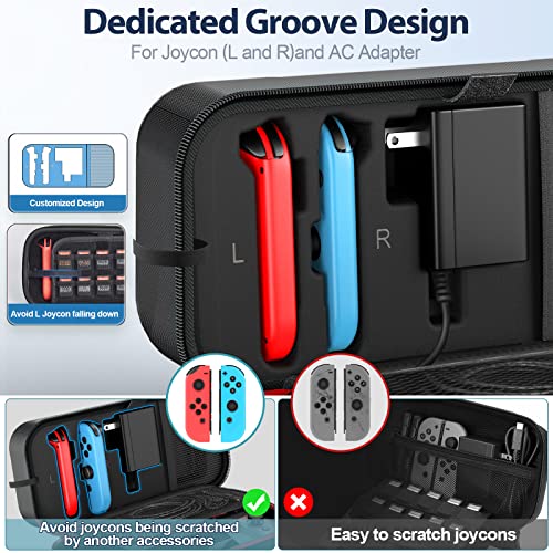 Switch OLED Carrying Case Compatible with Nintendo Switch/OLED Model, Portable Switch Travel Carry Case Fit for Joy-Con and Adapter, Hard Shell Protective Switch Pouch Case with 20 Games, Black
