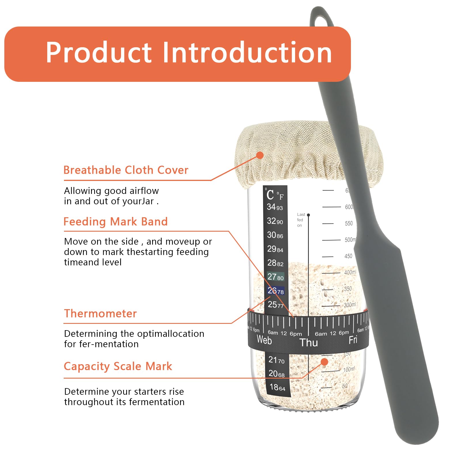 Sourdough Starter Jar Kit 650ml Sourdough Starter Container Glass Sourdough Fermentation Jar Wide Mouth with Cloth Cover Spatula Scraper Thermometer Strip Elastic Band Rubber Band for Home Bakery