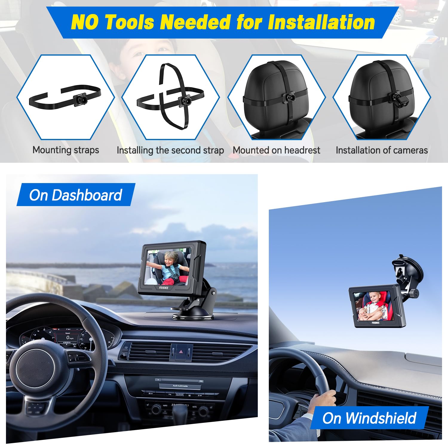 FEISIKE Baby Car Camera, 4.3'' Back Seat Baby Car Camera Mirror for Crystal Infrared Night Vision, 360° Rotation & 149° Wide View, 3 Mins Easy Installation