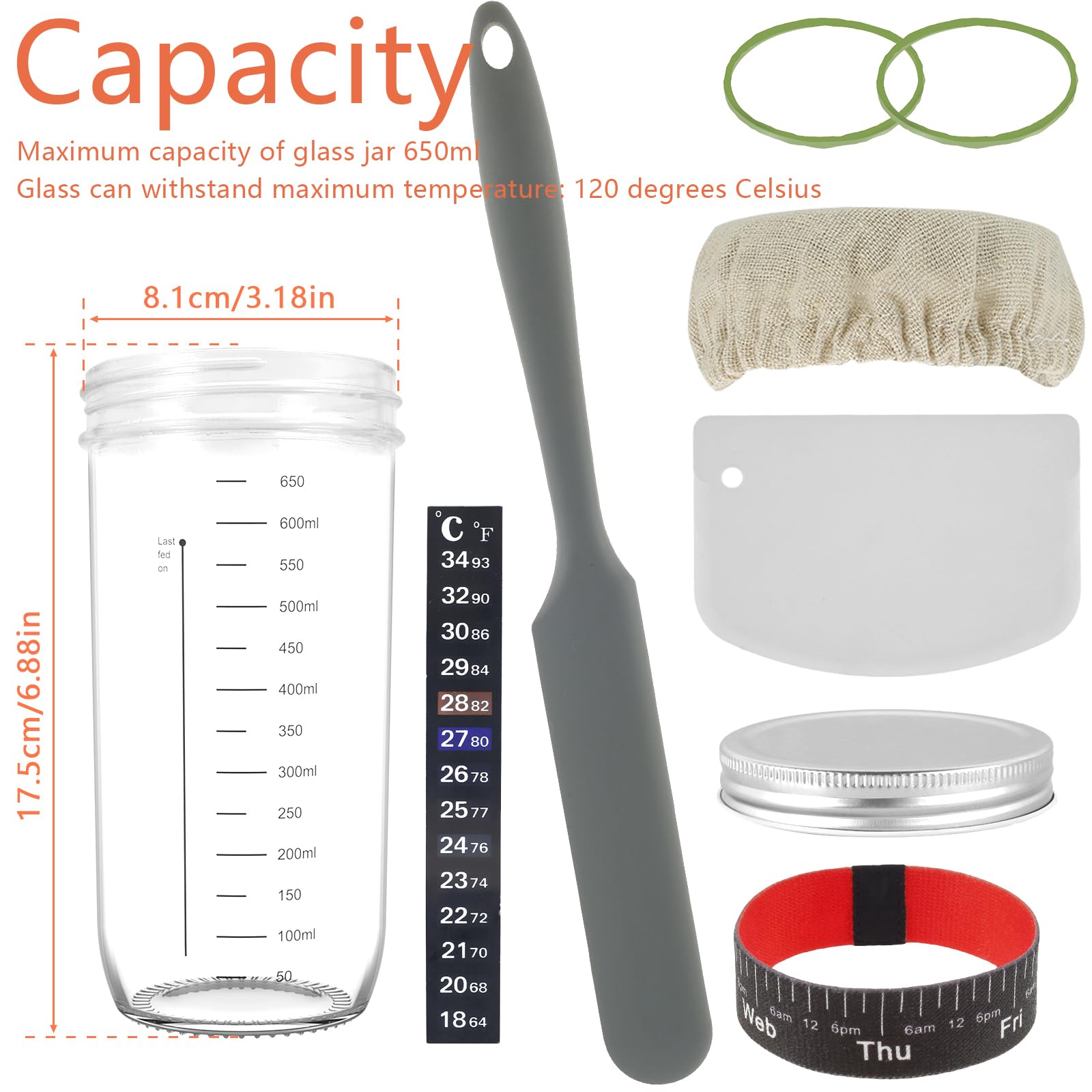 Sourdough Starter Jar Kit 650ml Sourdough Starter Container Glass Sourdough Fermentation Jar Wide Mouth with Cloth Cover Spatula Scraper Thermometer Strip Elastic Band Rubber Band for Home Bakery
