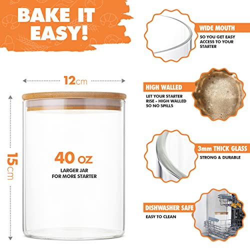 Oscar's Bakery- Sourdough Starter Jar Wide Mouth- Glass Sourdough Crock with lid- 40 oz. Sourdough Starter kit with Accessories & Recipe. Sour dough Container for making Bread (Starter Not Included)