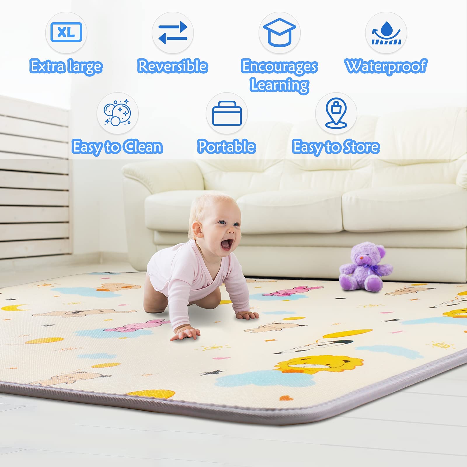 Bubbtots Baby Play Mat, Large and Reversible Waterproof Padded Foam Playmat for Babies and Toddlers, Animals and Nature, 69"x59"x0.6"