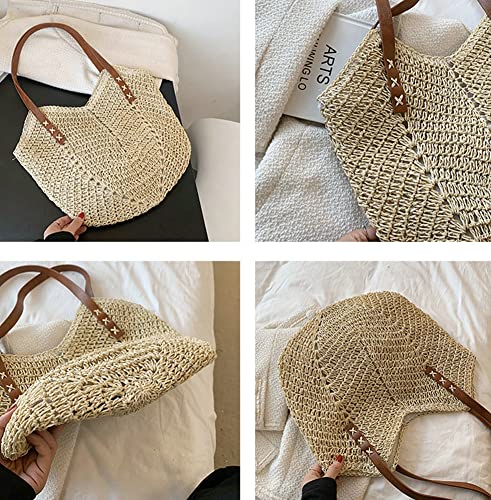 Summer Casual Straw Tote Bag Large Capacity Woven Shoulder Handbag for Summer Beach Vocation (A-beige)
