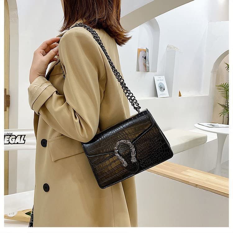 Chain Crossbody Shoulder Bags For Women-Snake Printed Leather Messenger Bag Evening Handbag Chain Strap Shoulder Satchel (Black)