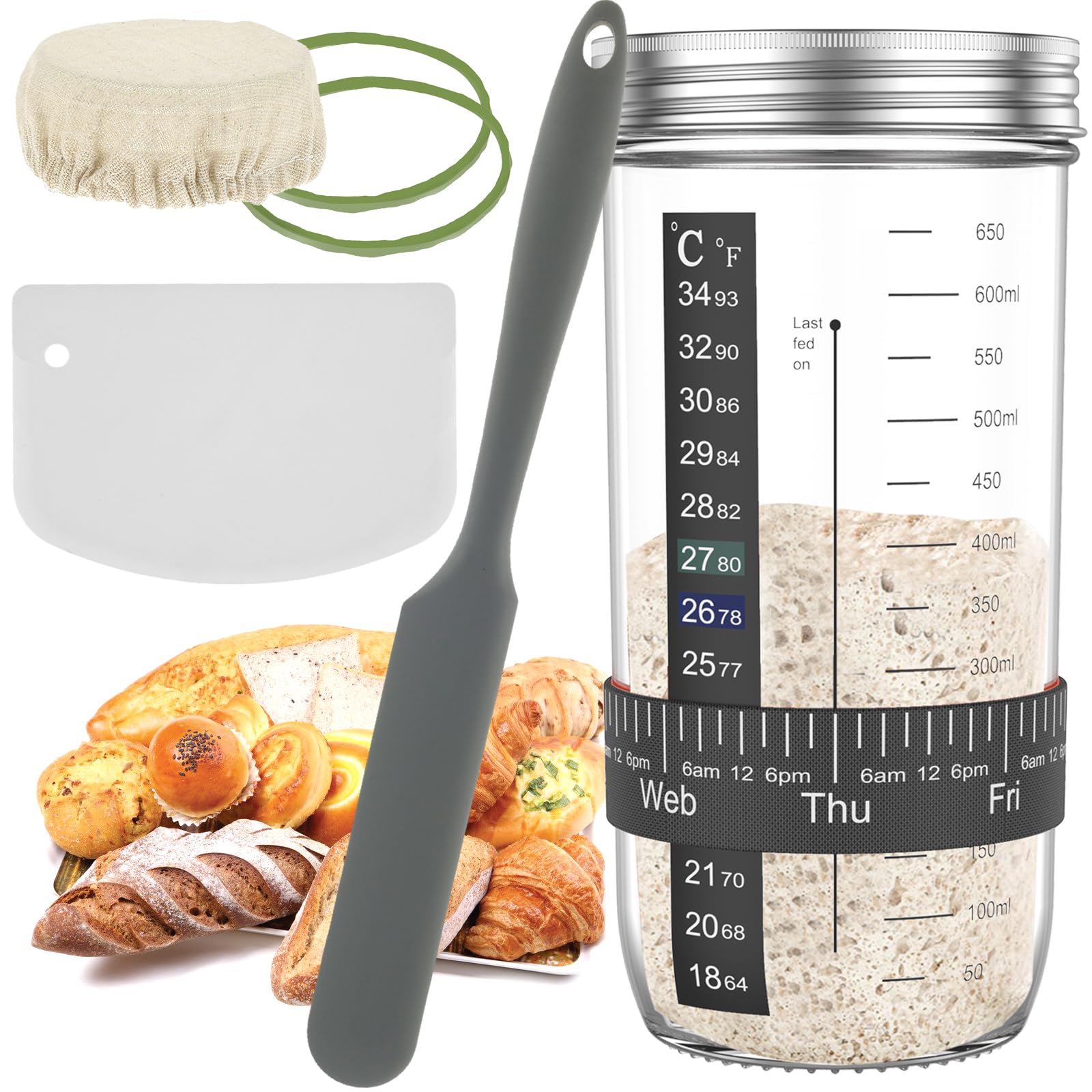 Sourdough Starter Jar Kit 650ml Sourdough Starter Container Glass Sourdough Fermentation Jar Wide Mouth with Cloth Cover Spatula Scraper Thermometer Strip Elastic Band Rubber Band for Home Bakery