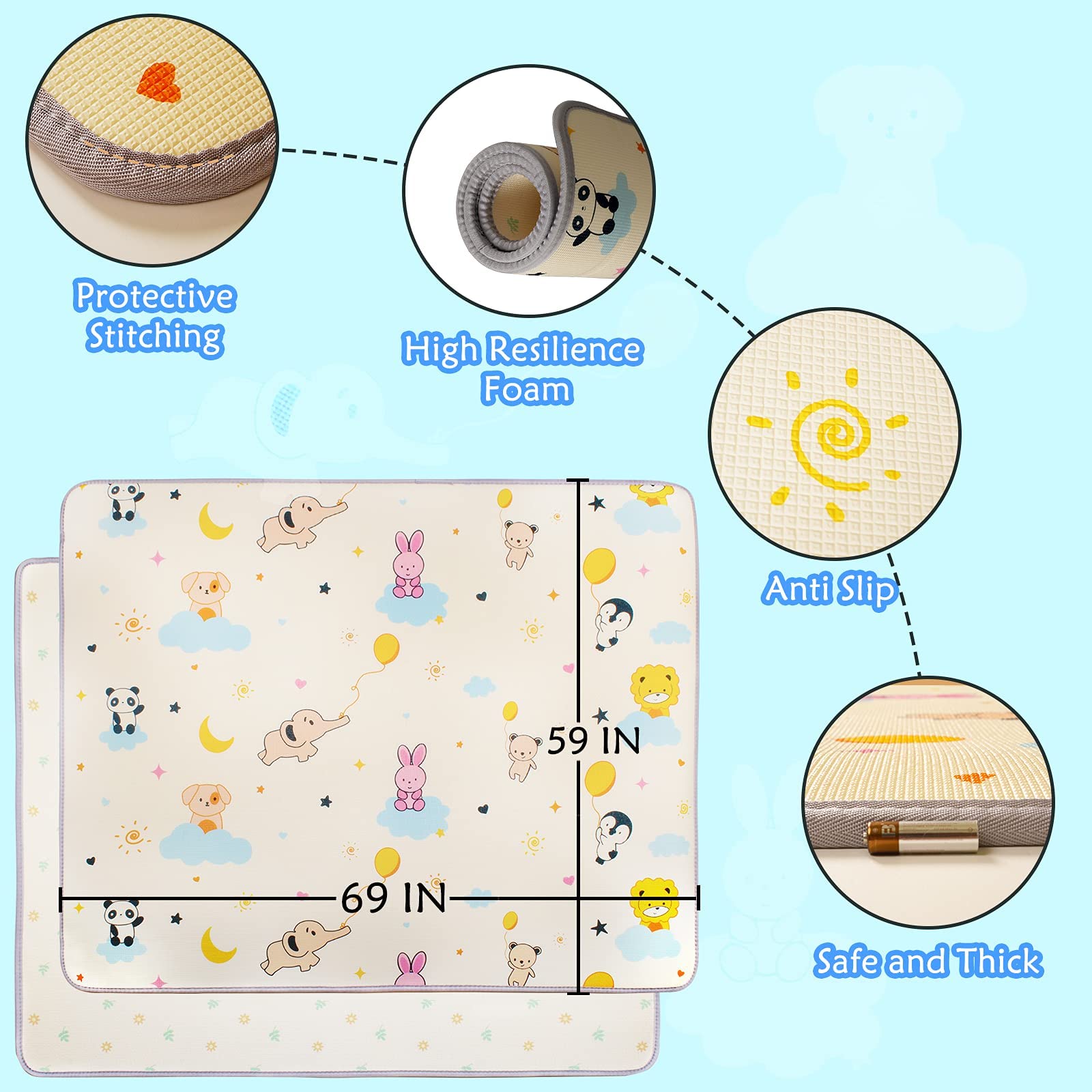 Bubbtots Baby Play Mat, Large and Reversible Waterproof Padded Foam Playmat for Babies and Toddlers, Animals and Nature, 69"x59"x0.6"