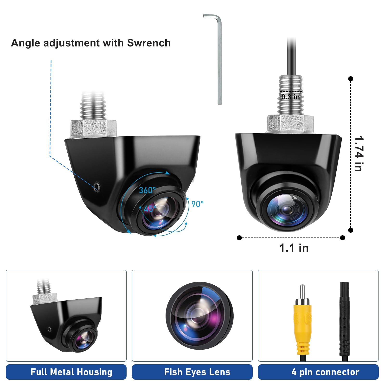 HD Backup Camera for Car Universal Front/Side/Rear Camera for 12V Car Truck Pickup SUV Rear View Reverse Camera with Left and Right, Up and Down Rotation Angle Night Vision IP69K Waterproof