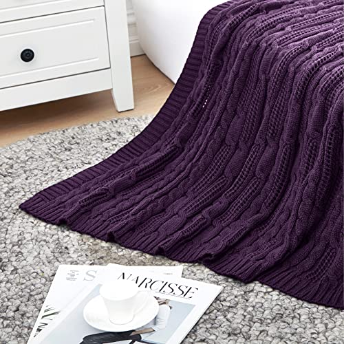 Aormenzy Cable Knit Throw Blankets 50 x 60 Inches, Soft Cozy and Lightweight Knitted Blanket, Machine Washable Acrylic Blanket, Decorative Throw Blanket for Couch Sofa Bed, Dark Purple