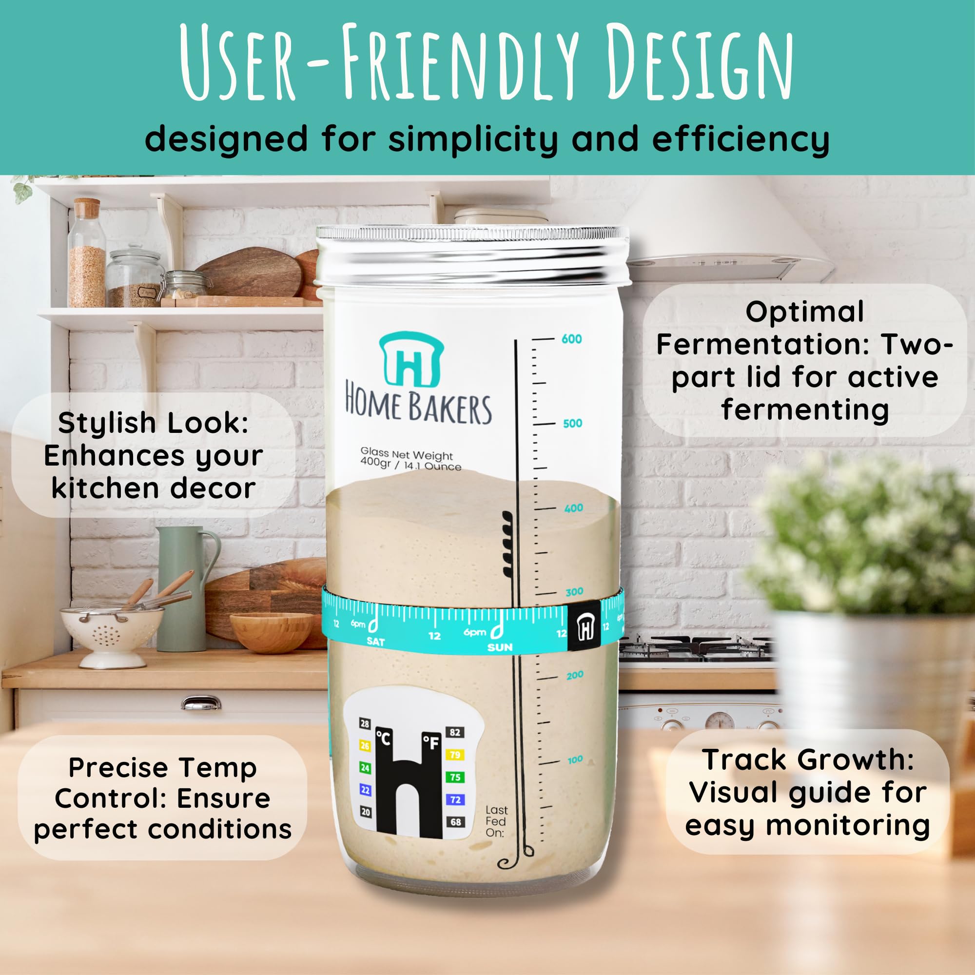 Ameeze Premium Sourdough Starter Jar Kit - 24oz Wide Mouth Glass Jar with Feeding Tracker, Thermometer, Silicone Scraper, and Airtight Lid - Complete Kit for Easy Artisan Bread Baking