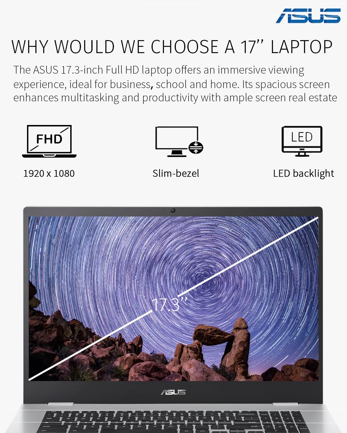 ASUS Chromebook Business Laptop, 17.3" FHD Widescreen Slim-Bezel, Intel Celeron N4500, Chrome OS, 4GB RAM, 64GB eMMC, Wi-Fi 6, Type-C, Intel UHD Graphics, Long Battery Life, Durlyfish